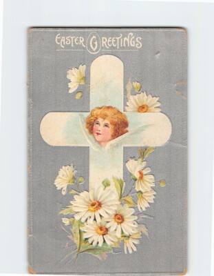 Postcard Easter Greetings Baby Angel, Cross & Flower Art Print Embossed ...