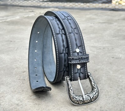 Men’s Western Leather Belt Barbed Wire Embossed – Removable Buckle ...