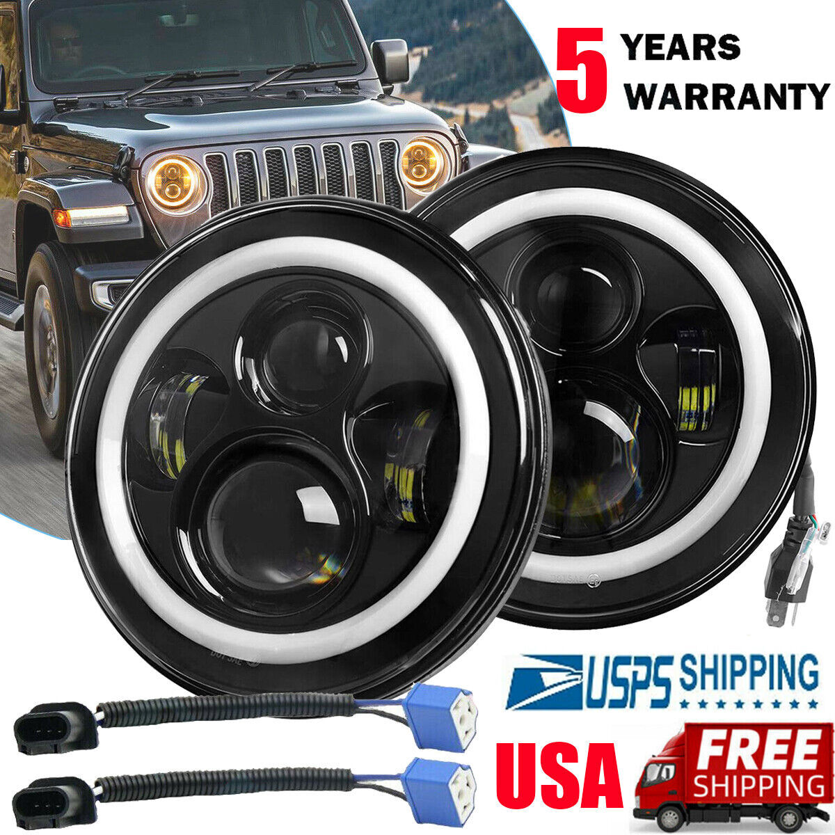 Pair 7" Inch Round LED Headlights For Jeep Wrangler JK LJ TJ CJ 12V 24V ...