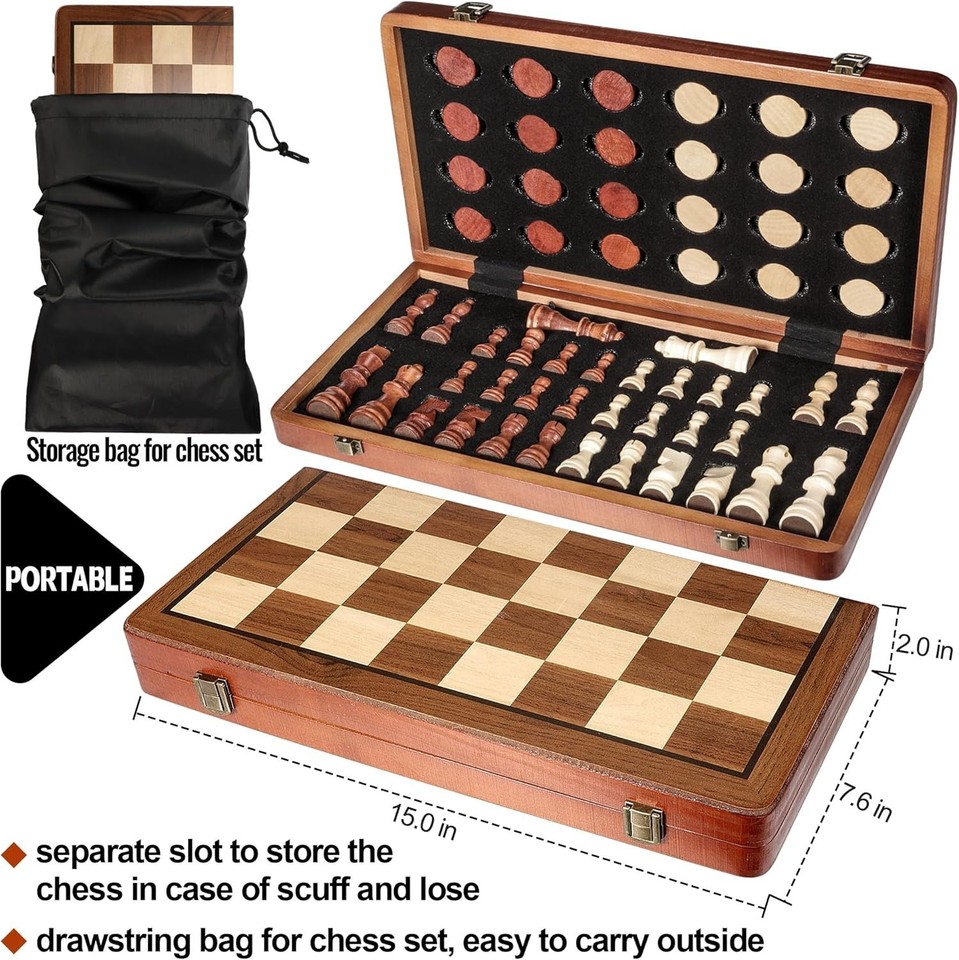 2 in 1 Wooden Chess and Checkers Set - Folding Magnetic Chess Board ...