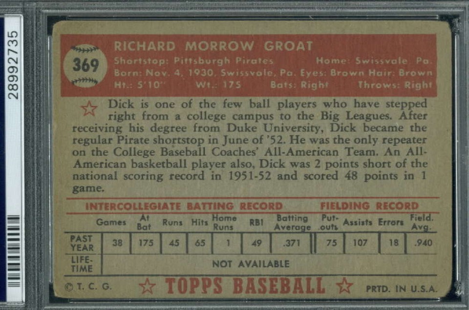 1952 Topps PSA/DNA #369 Dick Groat PSA 0 RC Rookie Pirates (2735) | eBay