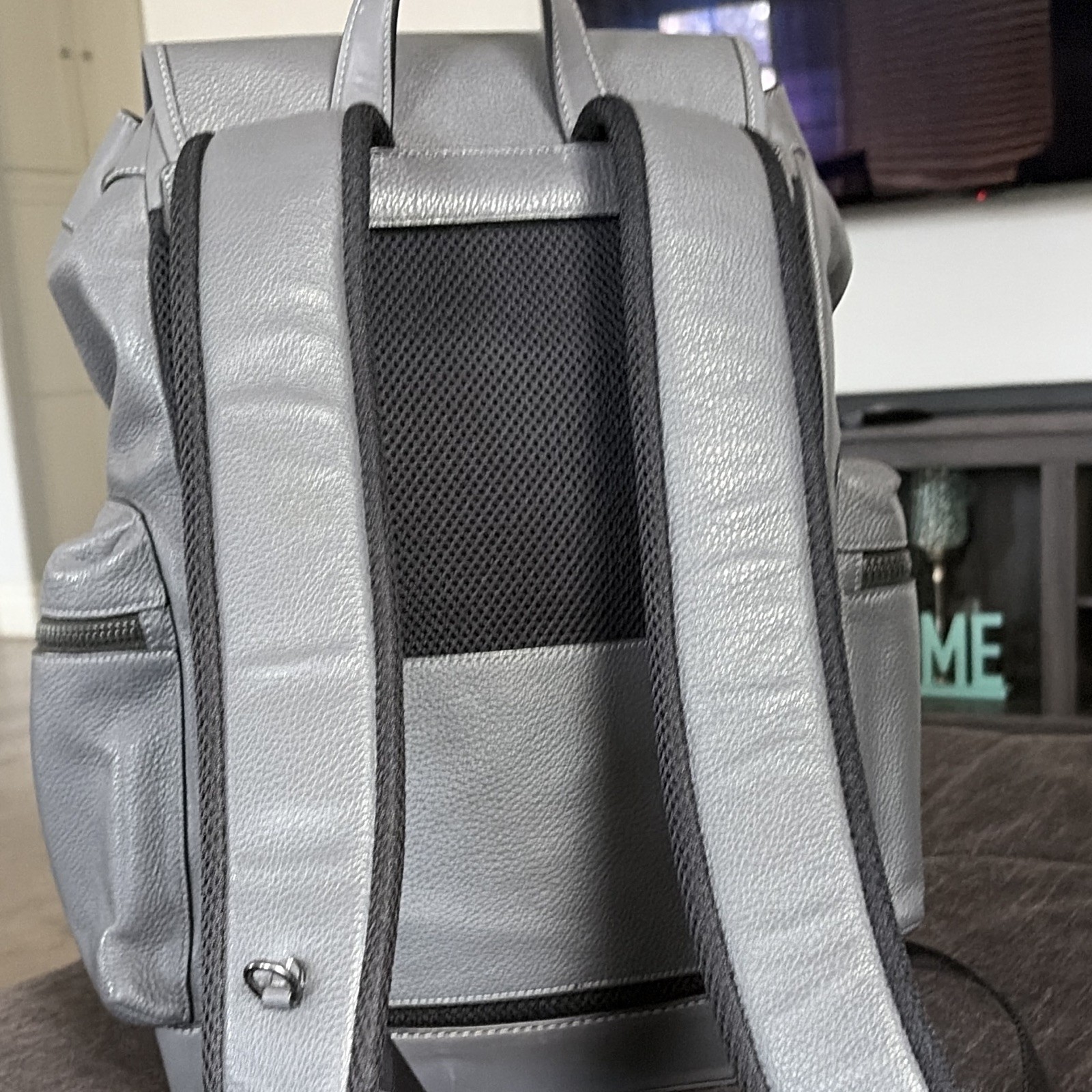 Coach Large Gray Pebbled Leather Backpack Drawstring Buckle Flap ...