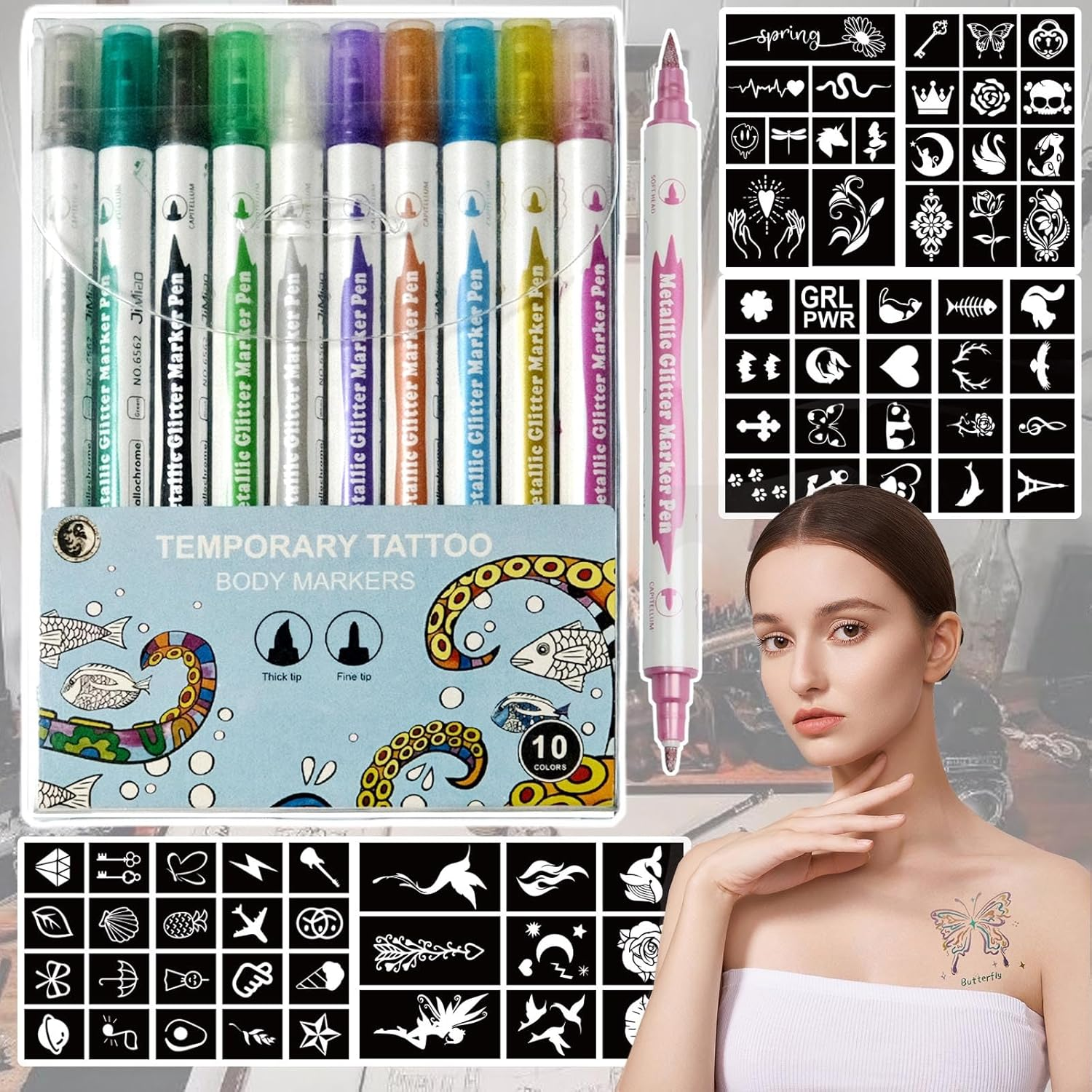 Temporary Tattoo Markers for Skin, Skin-Safe Dual-End Temporary Tattoo ...