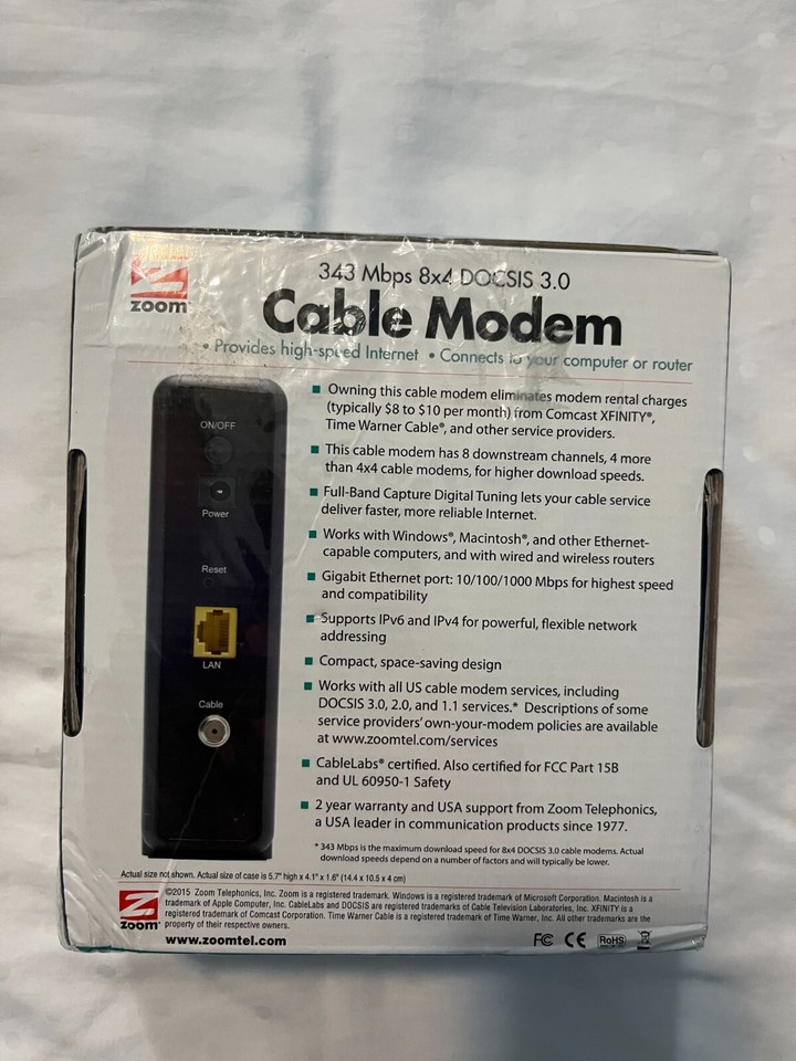 HIGH SPEED MODEM SEALED BRAND NEW UNOPENED ZOOM DOCSIS 3.0 MODEL 5345 ...