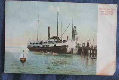 ca1910 Cabrillo Avalon California Steamer at Dock Diving for Coin ...