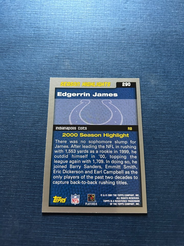 2001 Topps Football Edgerrin James Season Highlight #290 HOF Set Break ...