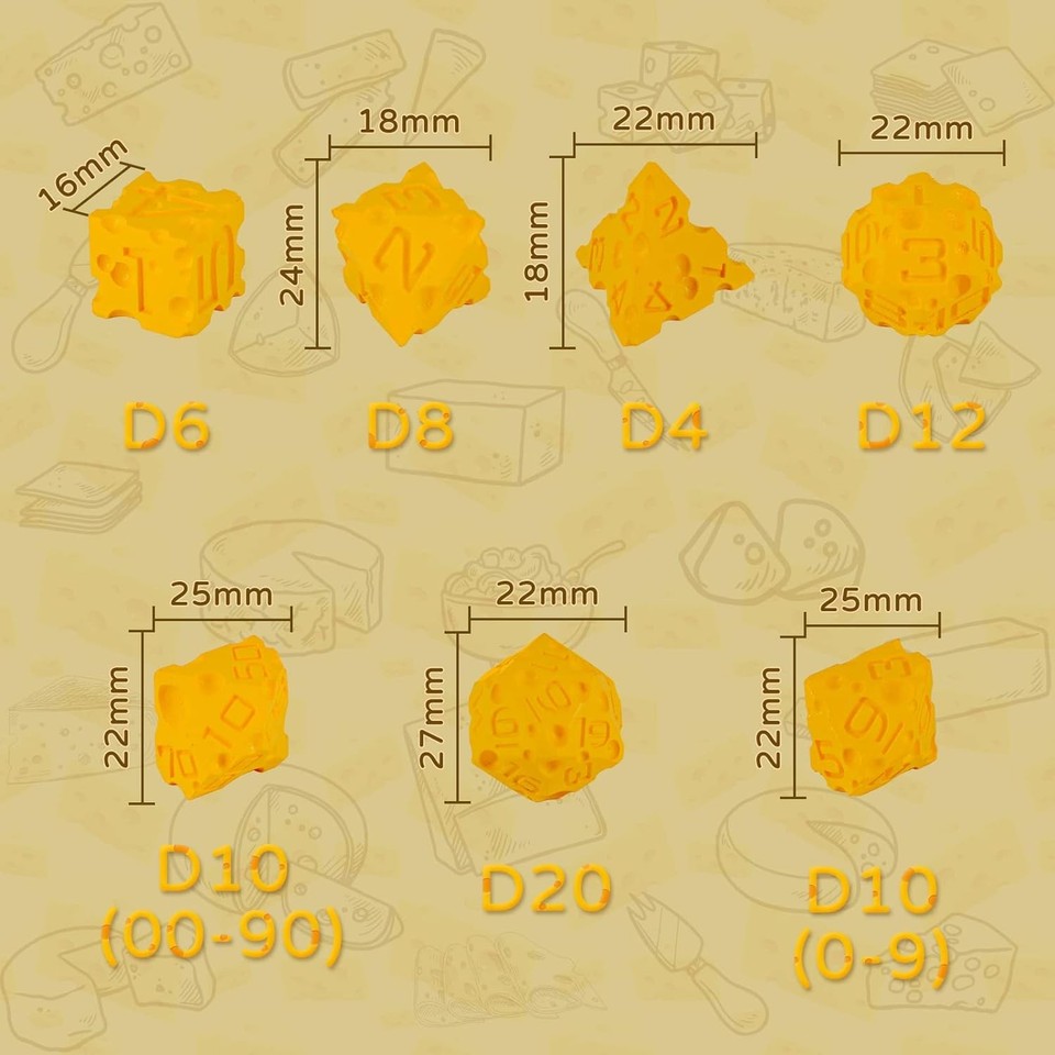 DND Cheese Dice 3D Printed 7PCS Polyhedral Food Themed Set Great for ...