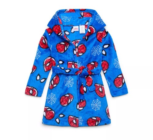 NEW Marvel Spider-Man & Webs Boys' Hooded Soft Plush Blue Bathrobe Size ...