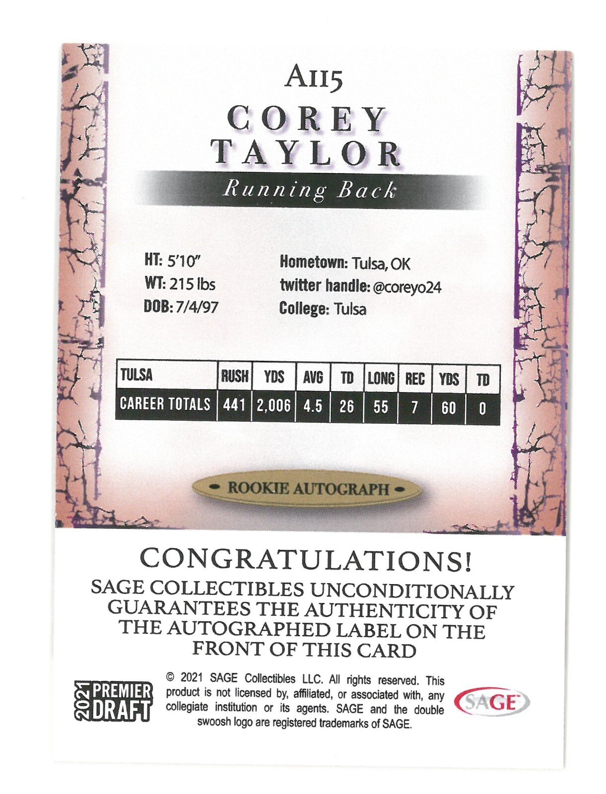 2021+Sage+Premier+Draft+-+Autographs+%23A115+Corey+Taylor+%28AU%2C+RC ...