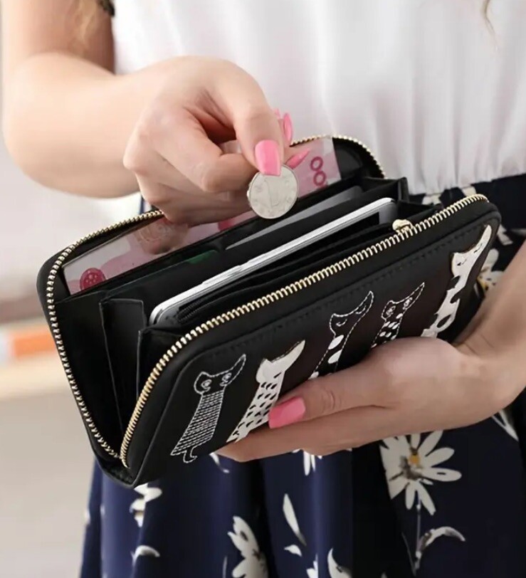 Cat Lover Wallet White Black Sleek Zippered Faux Leather Credit Cards ...