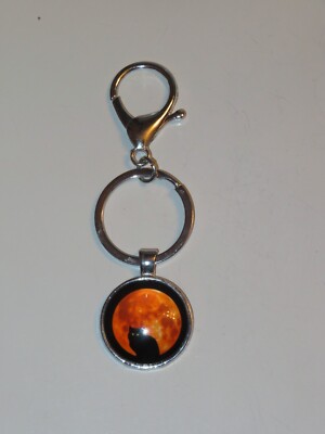 Black Cat Orange Moon Key Chain Round Key Ring Holder With Hook US FAST ...