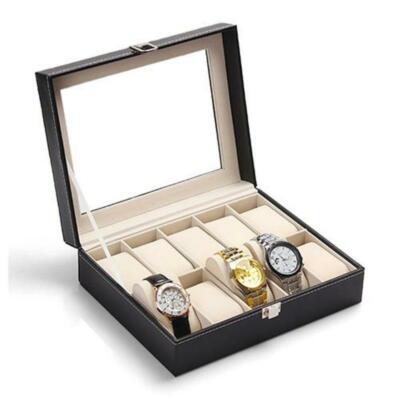WATCH DISPLAY BOX ~ FAUX LEATHER + CLASP ~ HOLDS UP TO 10 WATCHES ...