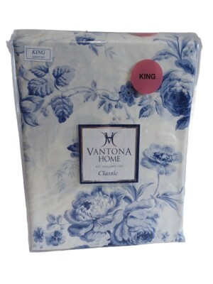 Vantona Home Marie Blue King Sheet Set, Blue Cream Floral, 100% Cotton Percale | eBay