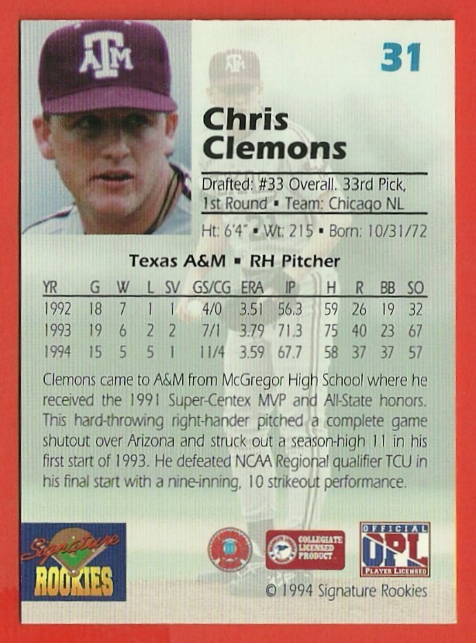 CHRIS CLEMONS - 1994 Signature Rookies Draft Pick Signatures #31 ...