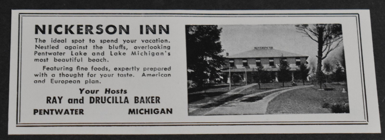 1951 Print Ad Michigan Pentwater Nickerson Inn Ray Drucilla Baker Beach ...