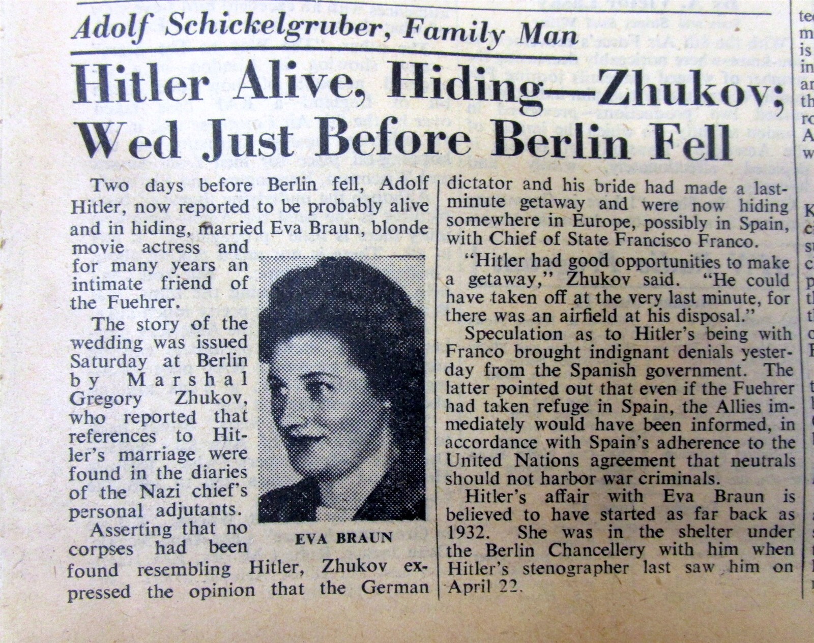 1945 newspaper ADOLPH HITLER ALIVE aftr MARRYING EVA BRAUN WW II Stars ...