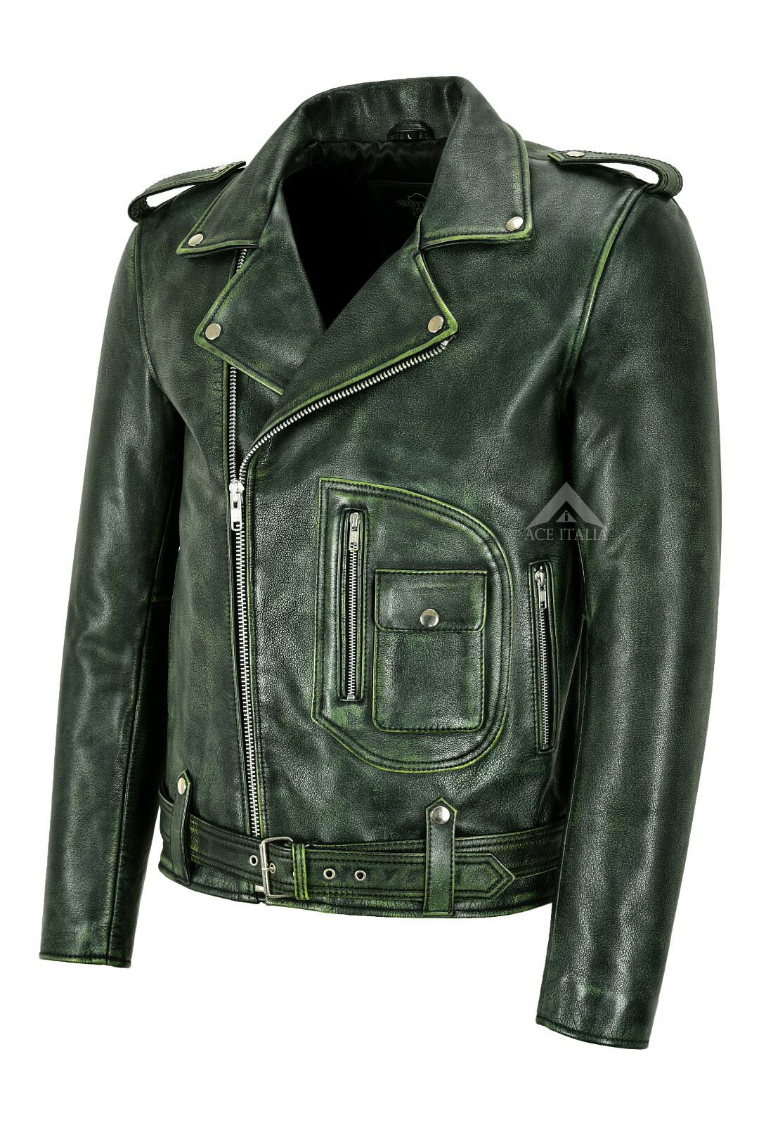 Men's Biker Jacket Green Vintage Brando Style Thick Cowhide Riding ...