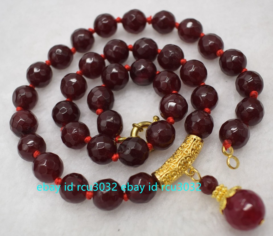 10mm Faceted Natural Red Jade Round Beads Gemstone Pendant Necklace 20 ...