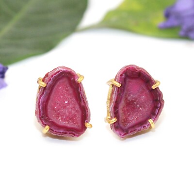 Natural Strawberry Pink Geode Druzy Prong Setting Gold Plated Stud ...