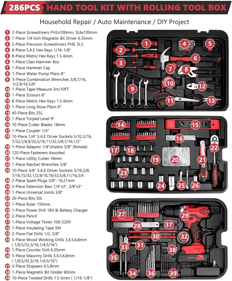 Home Tool Set Kit 286 PCS Home Auto Repair Tool Kit with Rolling Box ...