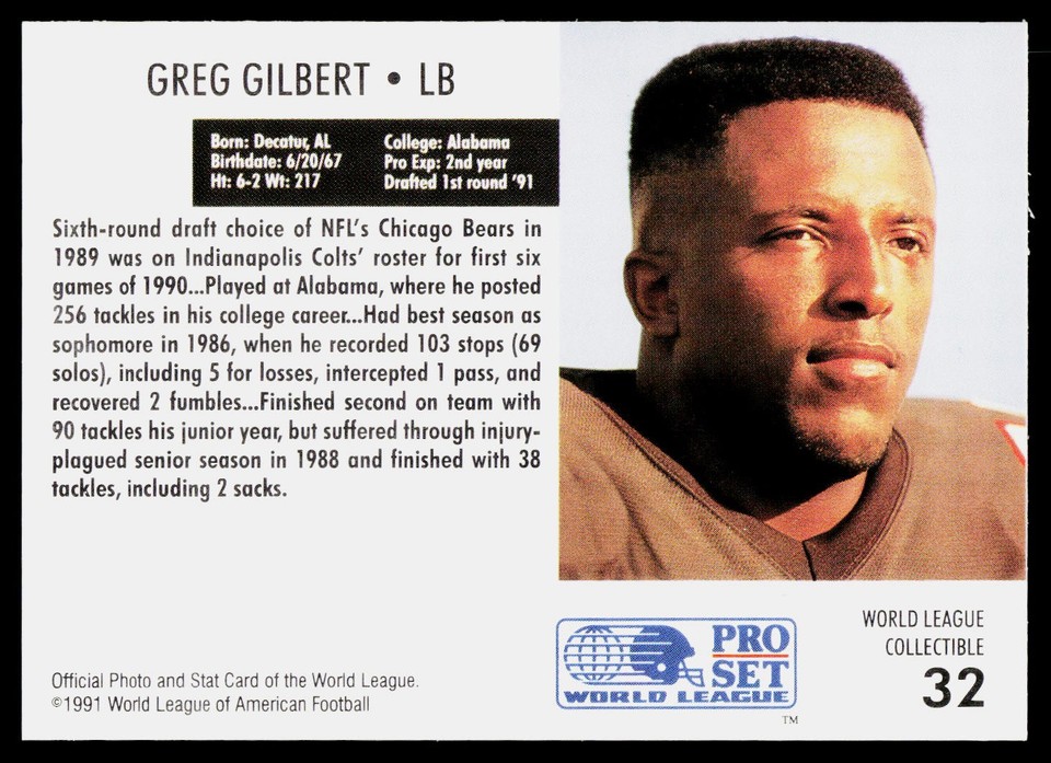 1991 Pro Set WLAF World Bowl Combo Greg Gilbert #32 San Antonio Riders ...