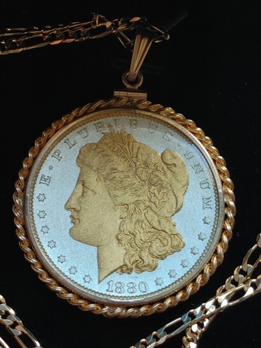 1880 Gilded Morgan Silver Dollar Pendant & 24" 18kgf Gild chain W COA ...