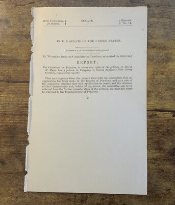 Antique 1879 Government Report David H. Myers Co. A 2nd Reg. NJ Cavalry ...
