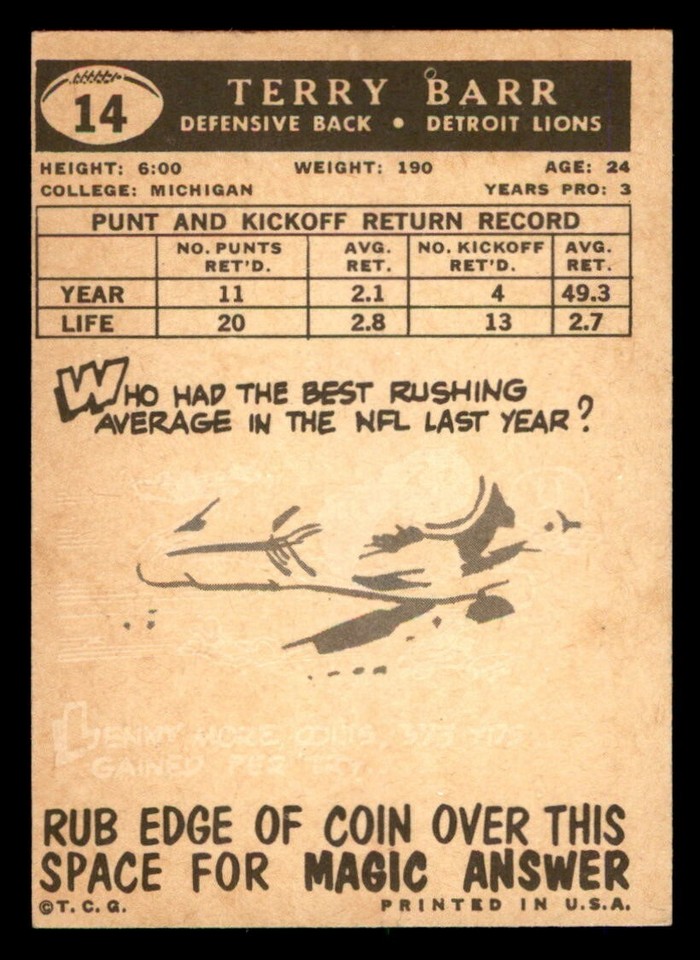 1959 Topps Football #14 Terry Barr EX | eBay