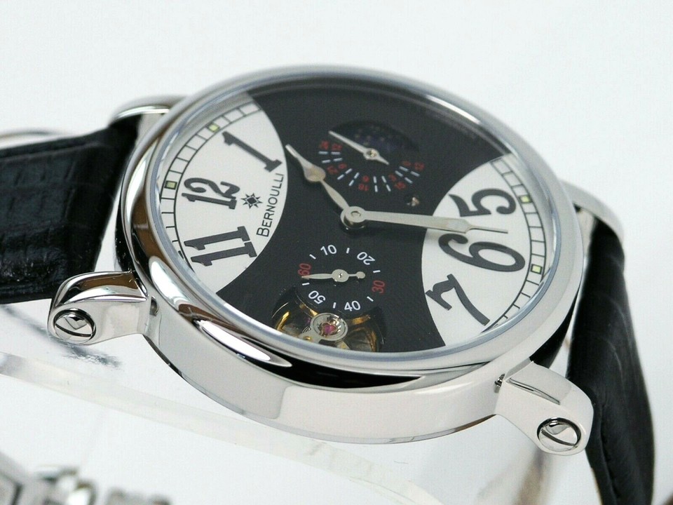 NEW BERNOULLI IDENTITY BLACK WHITE DIAL MECHANICAL WATCH LEATHER OPEN ...
