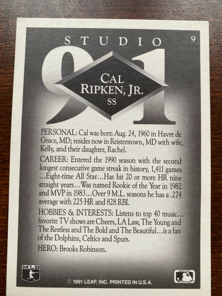 1991 Studio Baseball Card Cal Ripken Jr #9 Baltimore Orioles MLB HOF | eBay