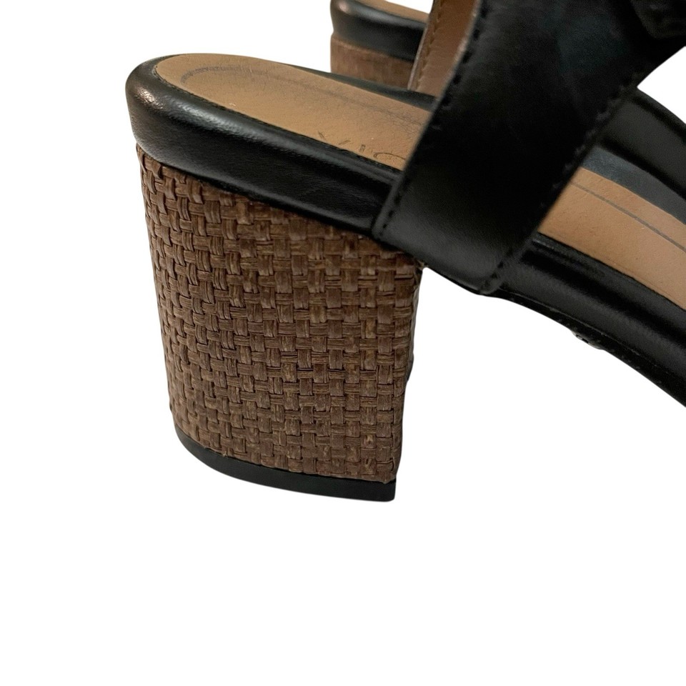 Vionic Peony Nat Strappy Leather Heels 8M Black Woven Block Heel Arch ...