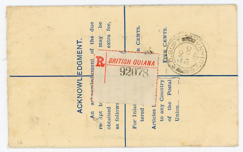 P68/19 BRITISH GUIANA 1929 UPRATED STATIONARY TPO MAZARUNI TO HOLLAND ...
