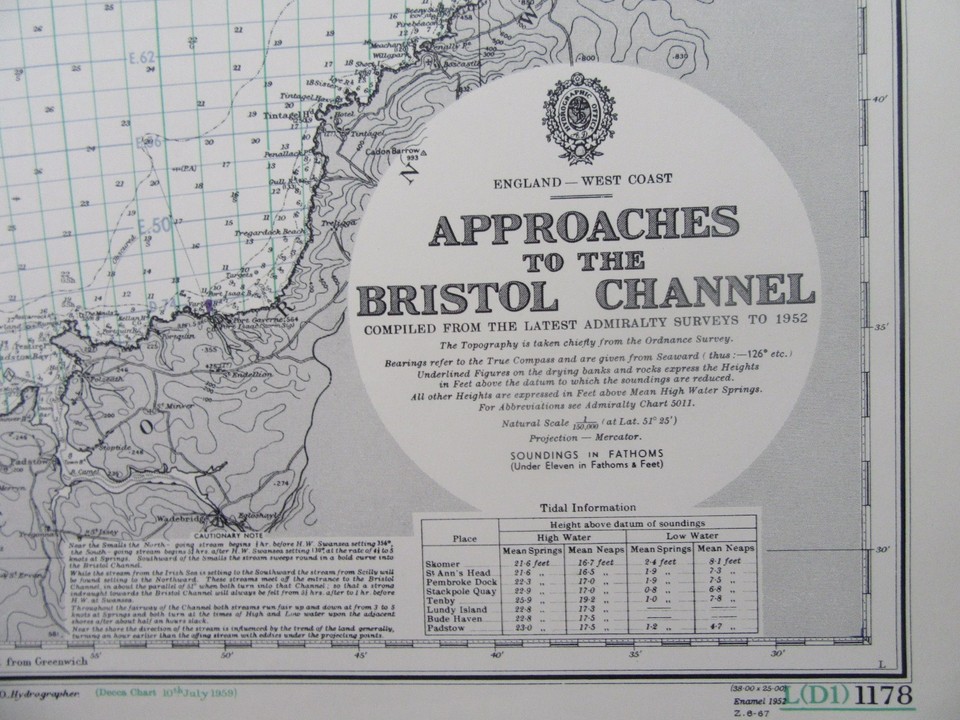 1972 ENGLAND WEST COAST Approaches BRISTOL CHANNEL Sea MAP Chart 28" x ...