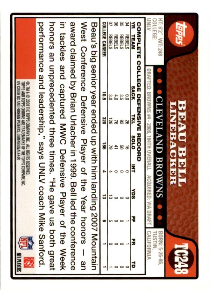 2008 Topps Chrome Base Set Beau Bell Rookie Cleveland Browns #TC248 | eBay