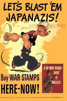 1943 WW2 WAR CARTOON COMIC POPEYE JAPANESE USA AMERICA STAMP PROPAGANDA ...