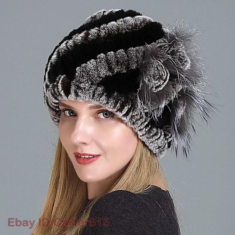 Women Real Rex Rabbit Fur Beanie Cap Winter Warm Hat with Fox Handmade ...