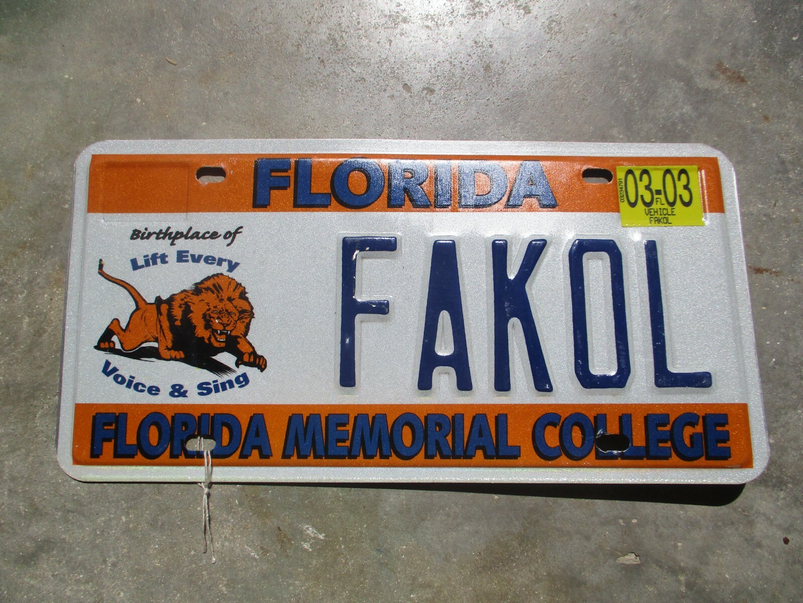 Florida 2003 Memorial College license plate # FAKOL | eBay