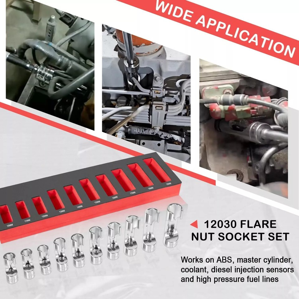 for 12030 Flare Nut Socket Set 10Pcs 3/8" Drive Metric Injector Fuel ...