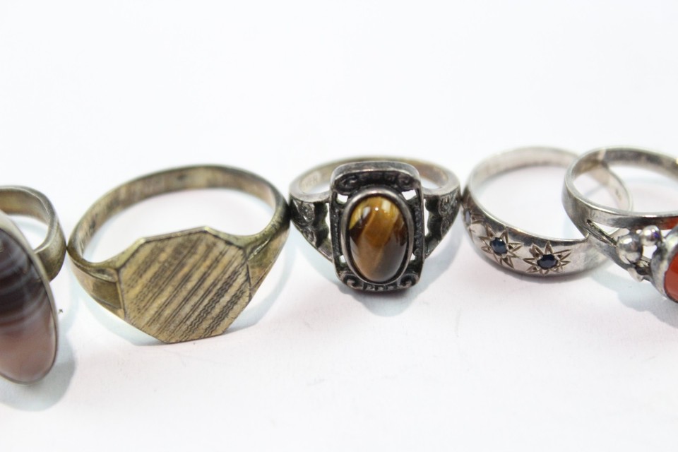 Sterling Silver Rings Mid Century Signet Gemstone Agate Tigers Eye x6 ...