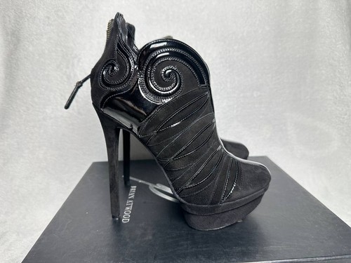 Brian Atwood Black Figara Suede Patent Platform Circus Bootie Size 7.5 ...