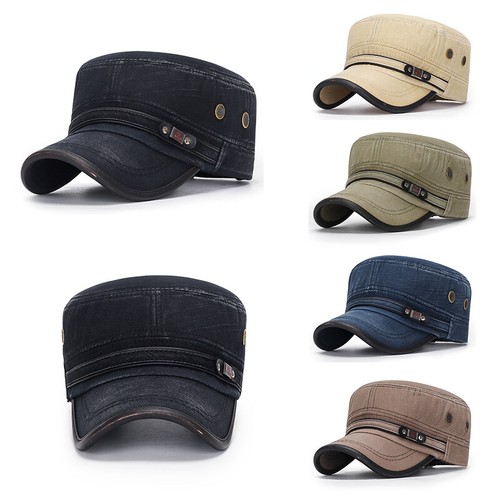Washed Cotton Military Caps Cadet Army Hat Adjustable Flat Top Headgear ...