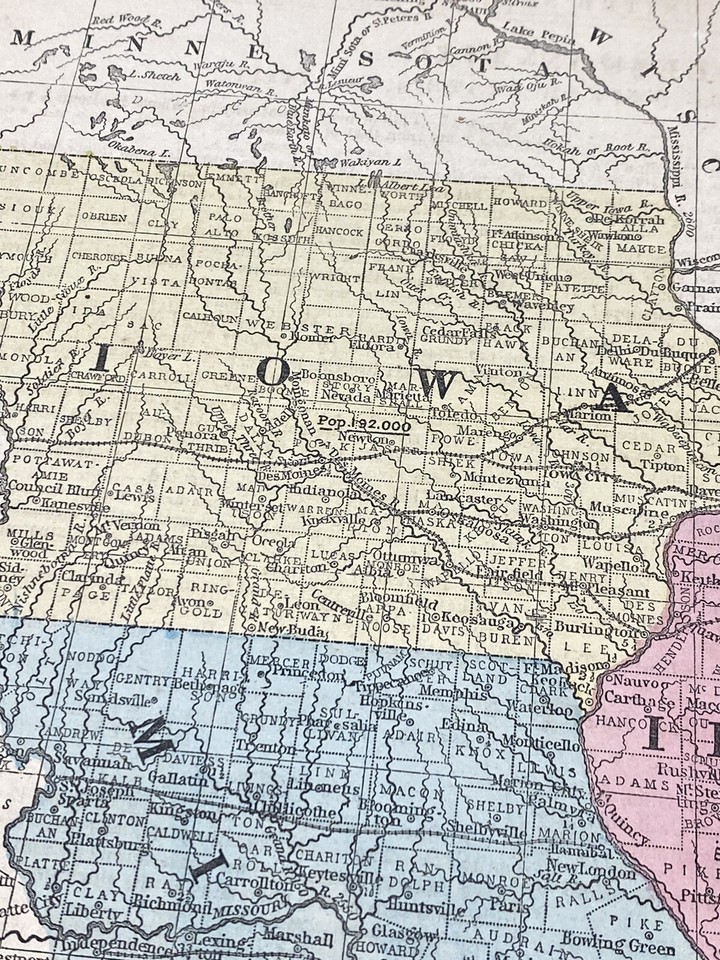 1853 Hand Colored Map ILLINOIS, MISSOURI, IOWA ~ Railroad, State ...