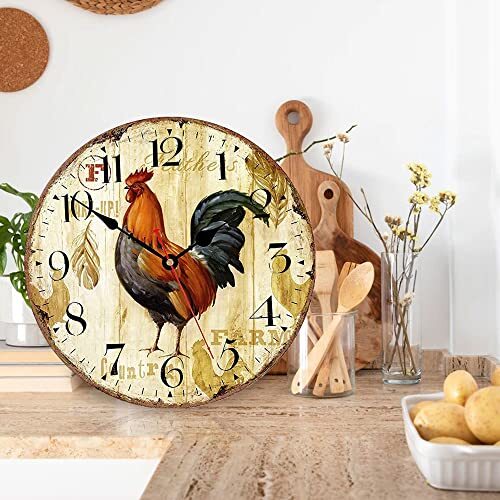 Kitchen Wall Clock 8 Inch Rustic Vintage Rooster Silent Non Ticking ...
