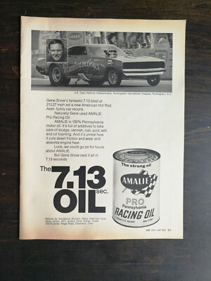 Vintage 1970 Gene Snow Amalie Pro Racing Motor Oil Full Page Original ...