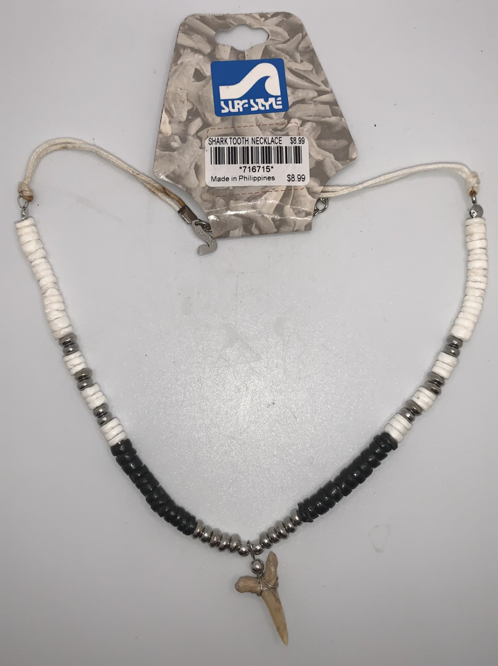 Surf Style Shark Tooth Surfer Necklace Black Silver White Beads ...