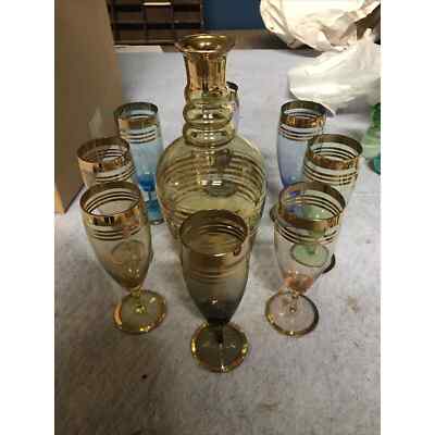 Vintage Amber Glass Decanter Stopper & 8 Cordial Sherry Stem Glasses ...