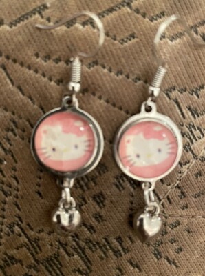 Retro Hello Kitty Cabochon & Dangling Heart Charm French Wire Silver ...