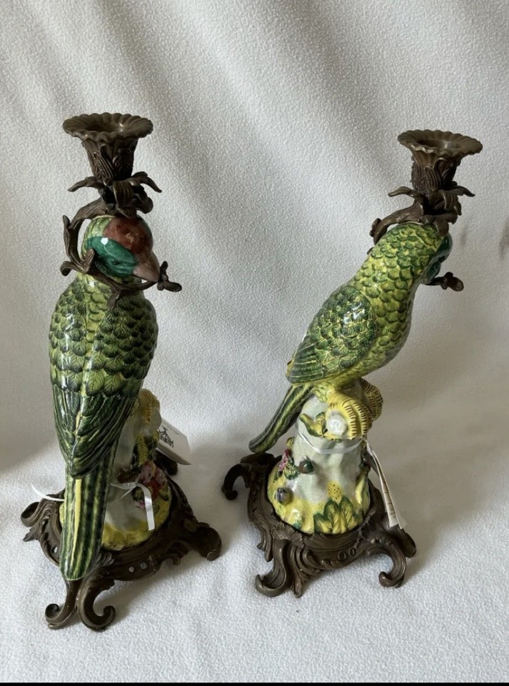 Pair Of Porcelain And Brass Ormolu Green Parrot Candle Holders (vintage ...