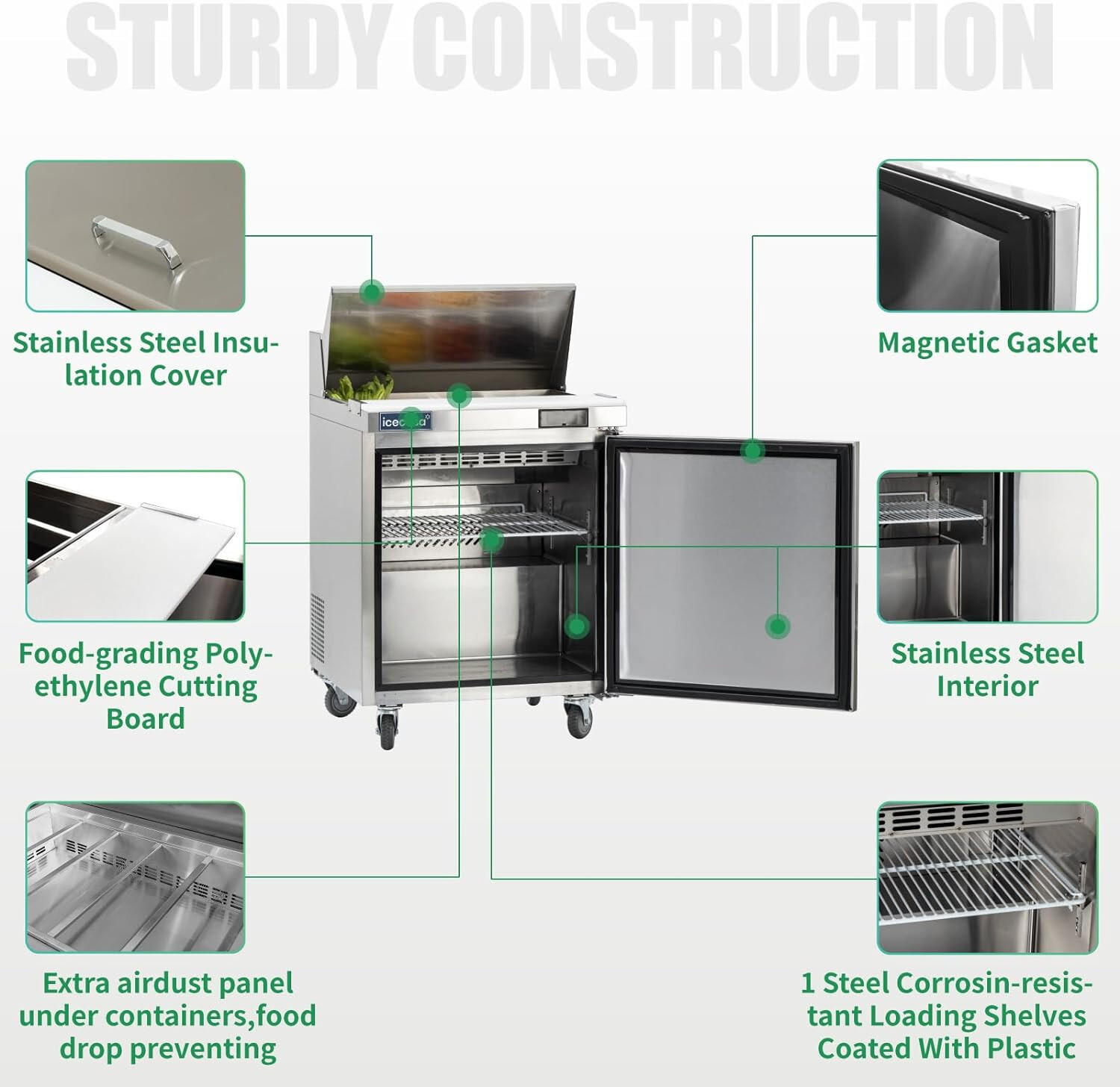 27" Sandwich Prep Table Fridge, ICECASA 1 Door Food Bain Marie Cooler ...