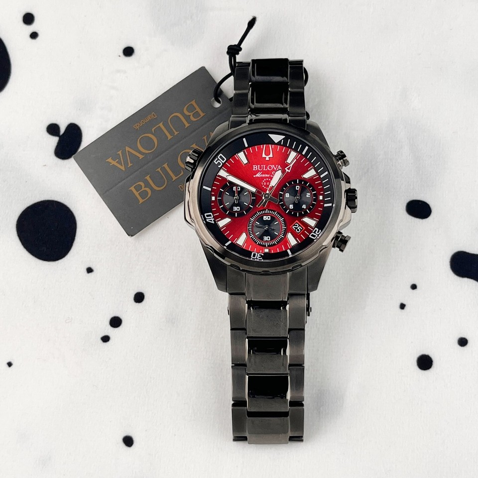Bulova Marine Star 98B350 Chronograph Stainless Steel 43mm Red Dial Men ...